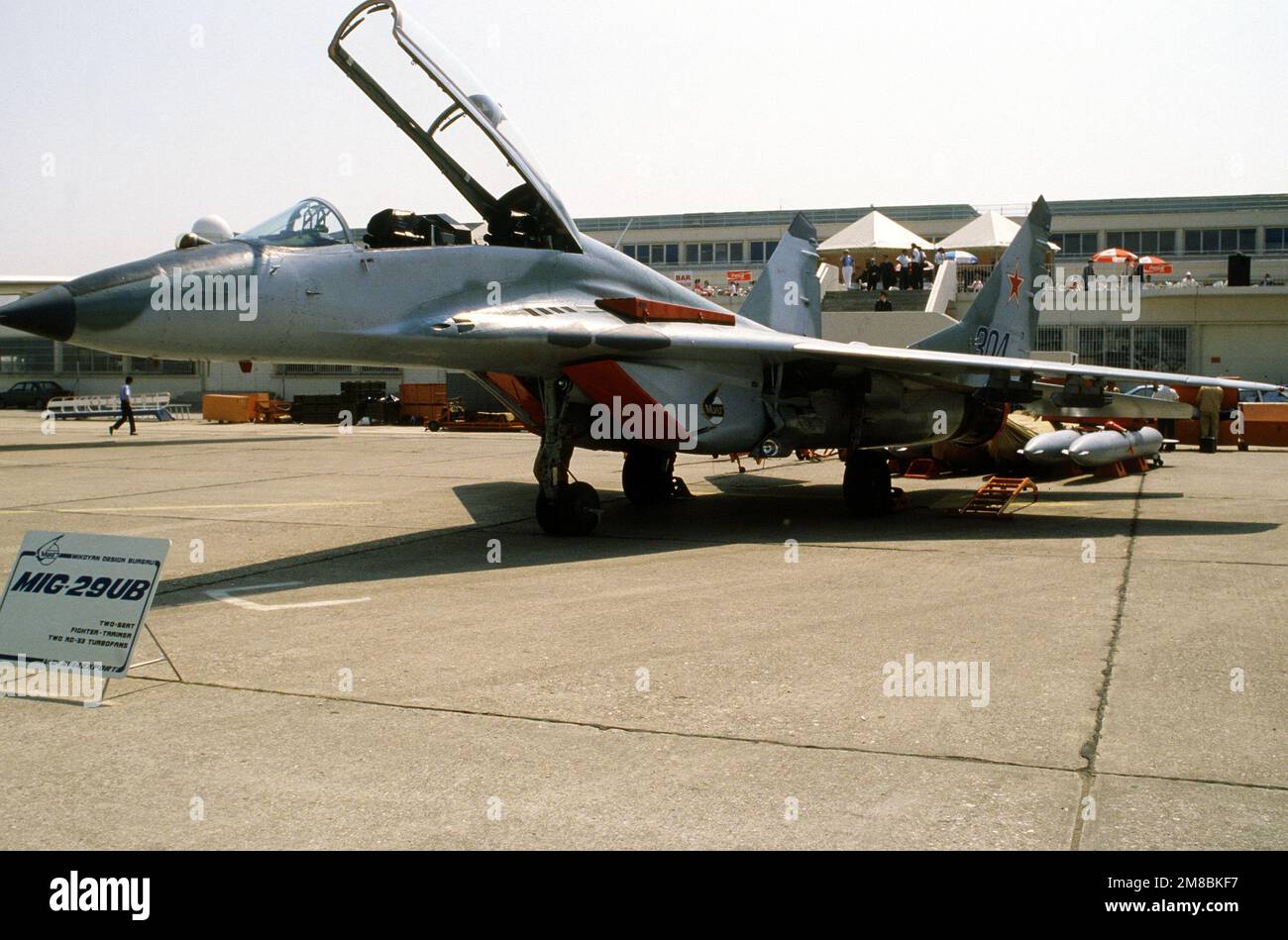 A front left view of a Soviet MiG-29UB Fulcrum aircraft on display at ...