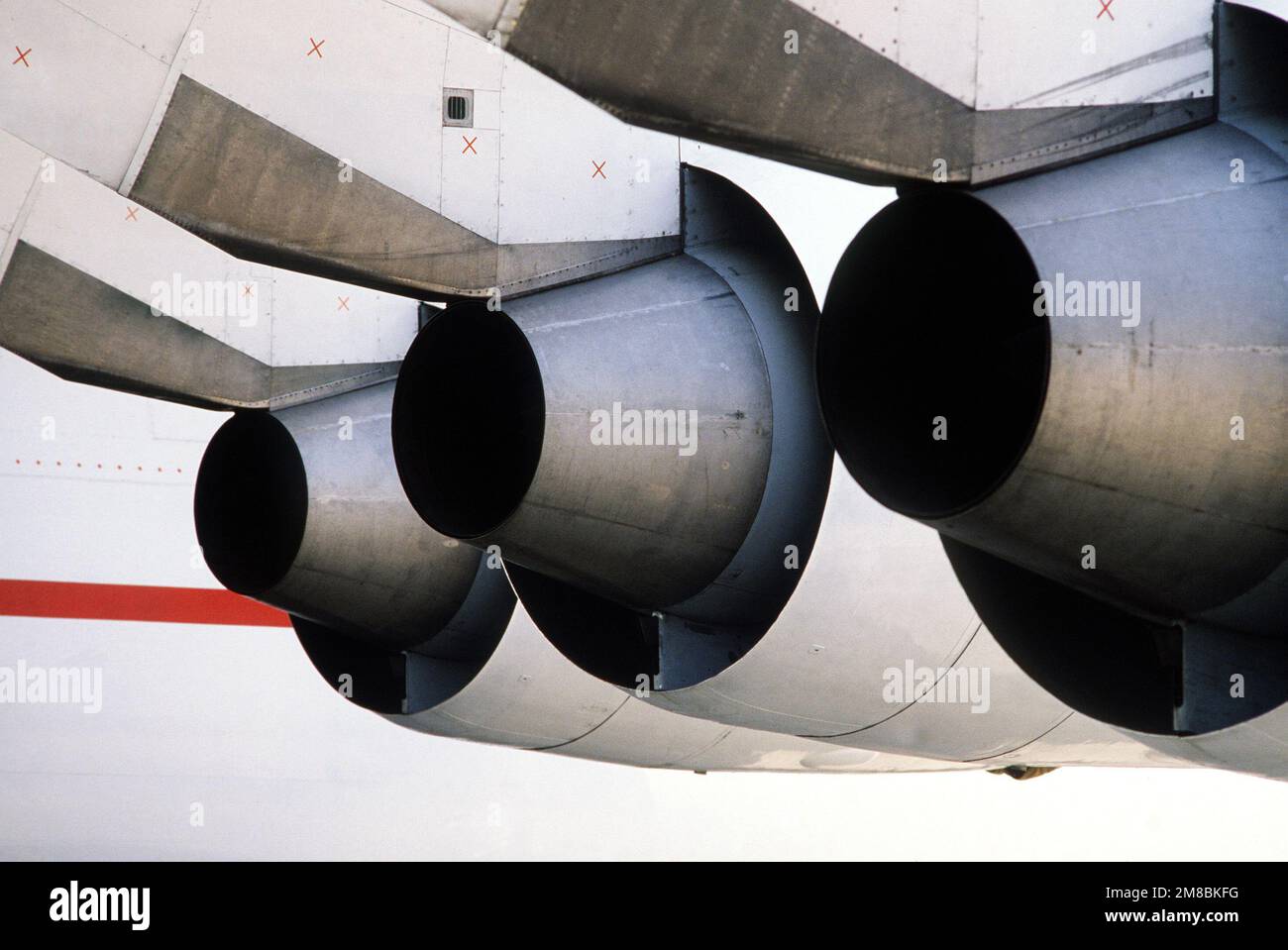 A close-up view of three engine exhaust nozzles on a Soviet An-225 ...