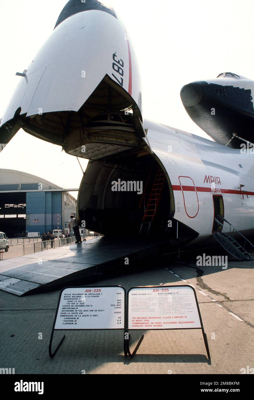 The open nose of a Soviet An-225 Mechta aircraft, which has the space shuttle Buran perched atop ...