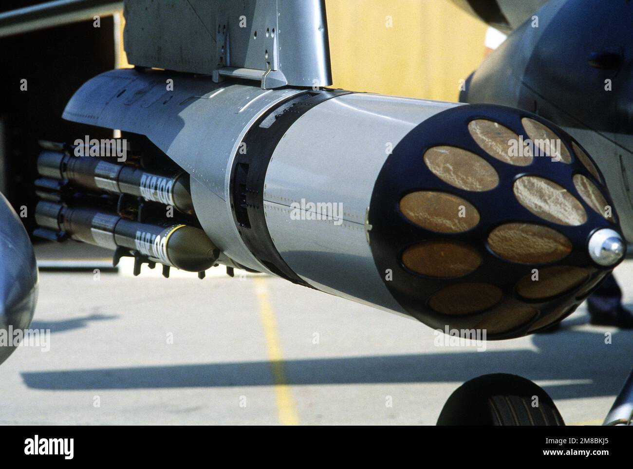 A close-up view of a rocket launcher on a French-?West German Alpha Jet ...
