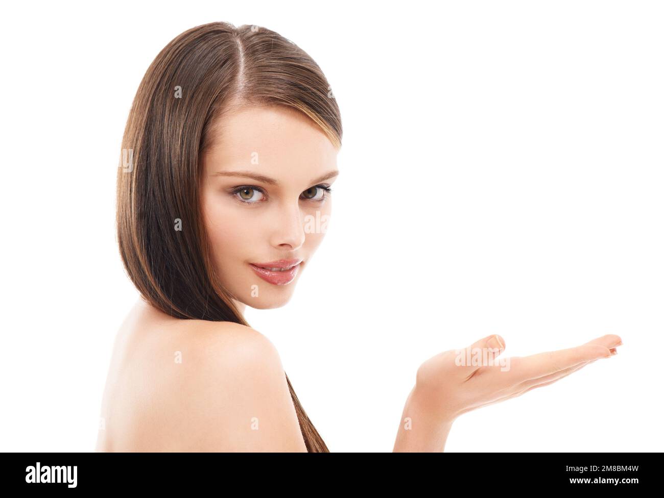 Woman portrait, skincare or hand palm for promotion space, product placement or hair advertising ...