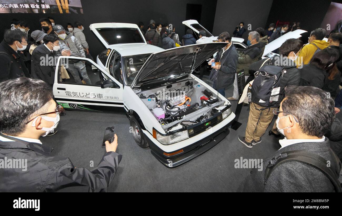 Chiba, Japan. 13th Jan, 2023. TOYOTA's electric vehicle "AE86 Corolla Levin concept" displayed ...