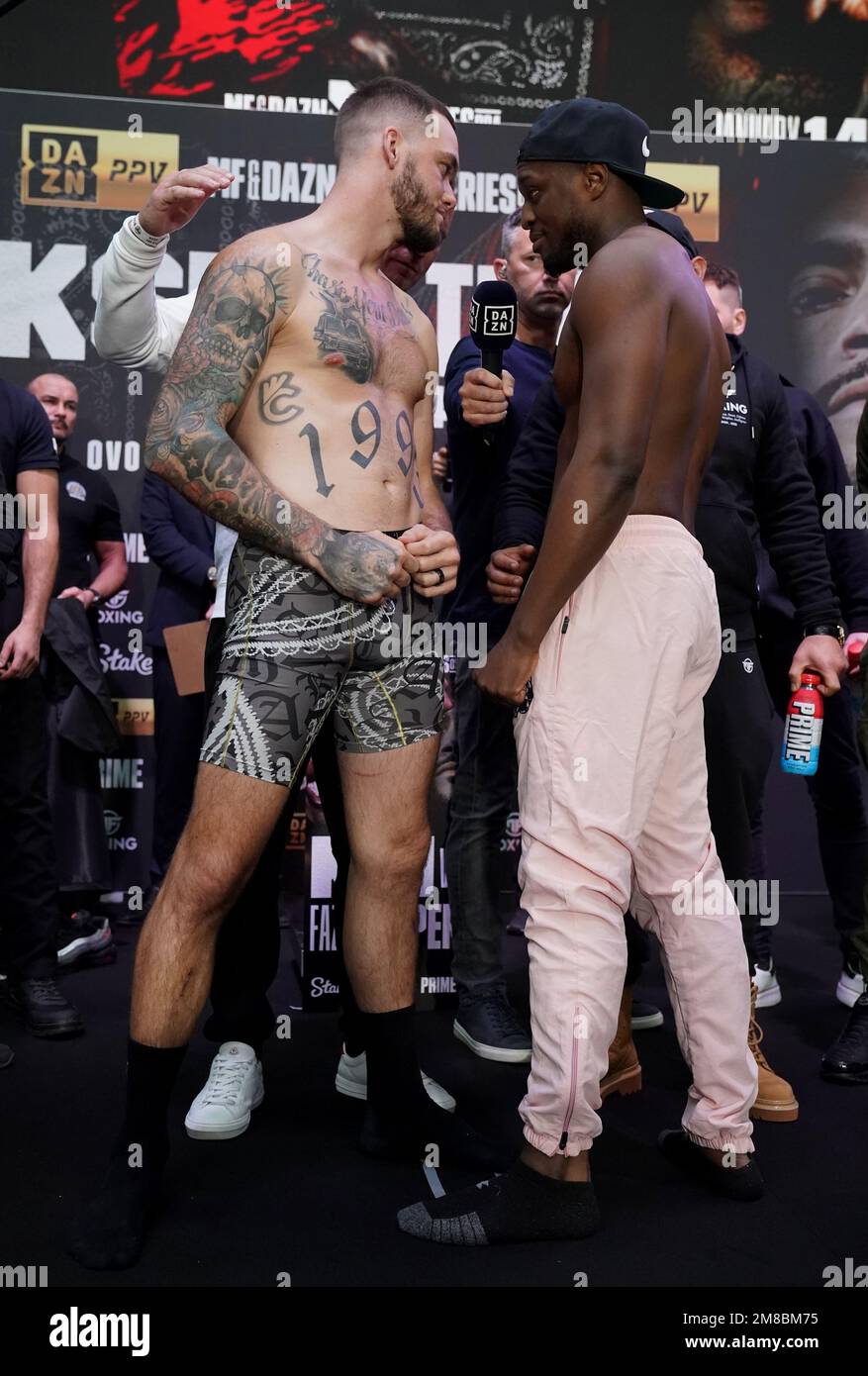 Ryan Taylor (left) and Swarmz during the weigh-in at BOXPARK Wembley ...