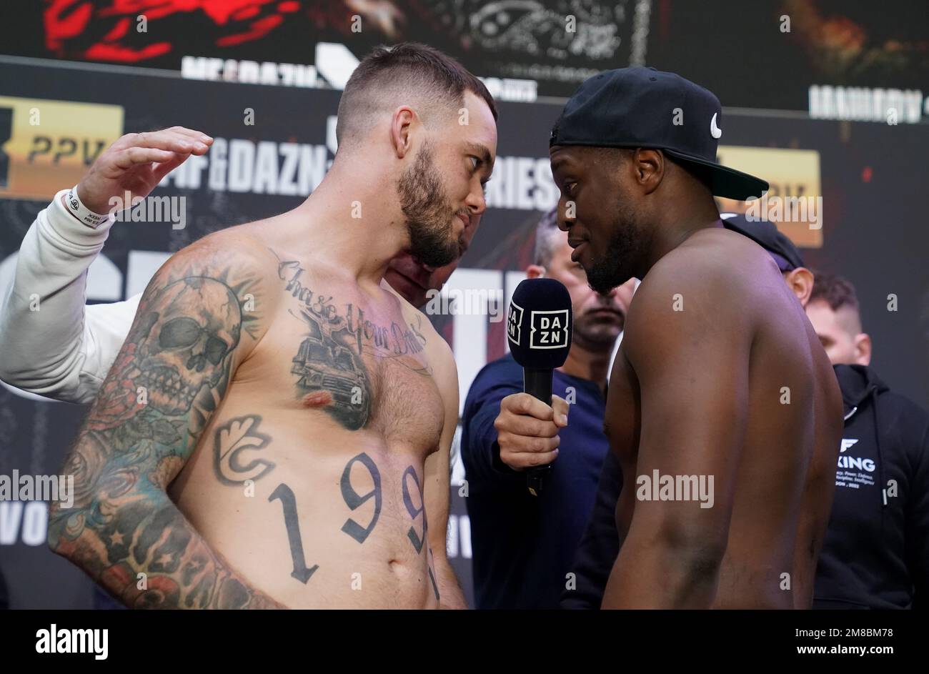 Ryan Taylor (left) and Swarmz during the weigh-in at BOXPARK Wembley ...