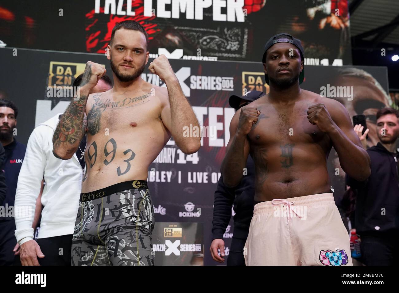 Ryan Taylor (left) and Swarmz during the weigh-in at BOXPARK Wembley ...