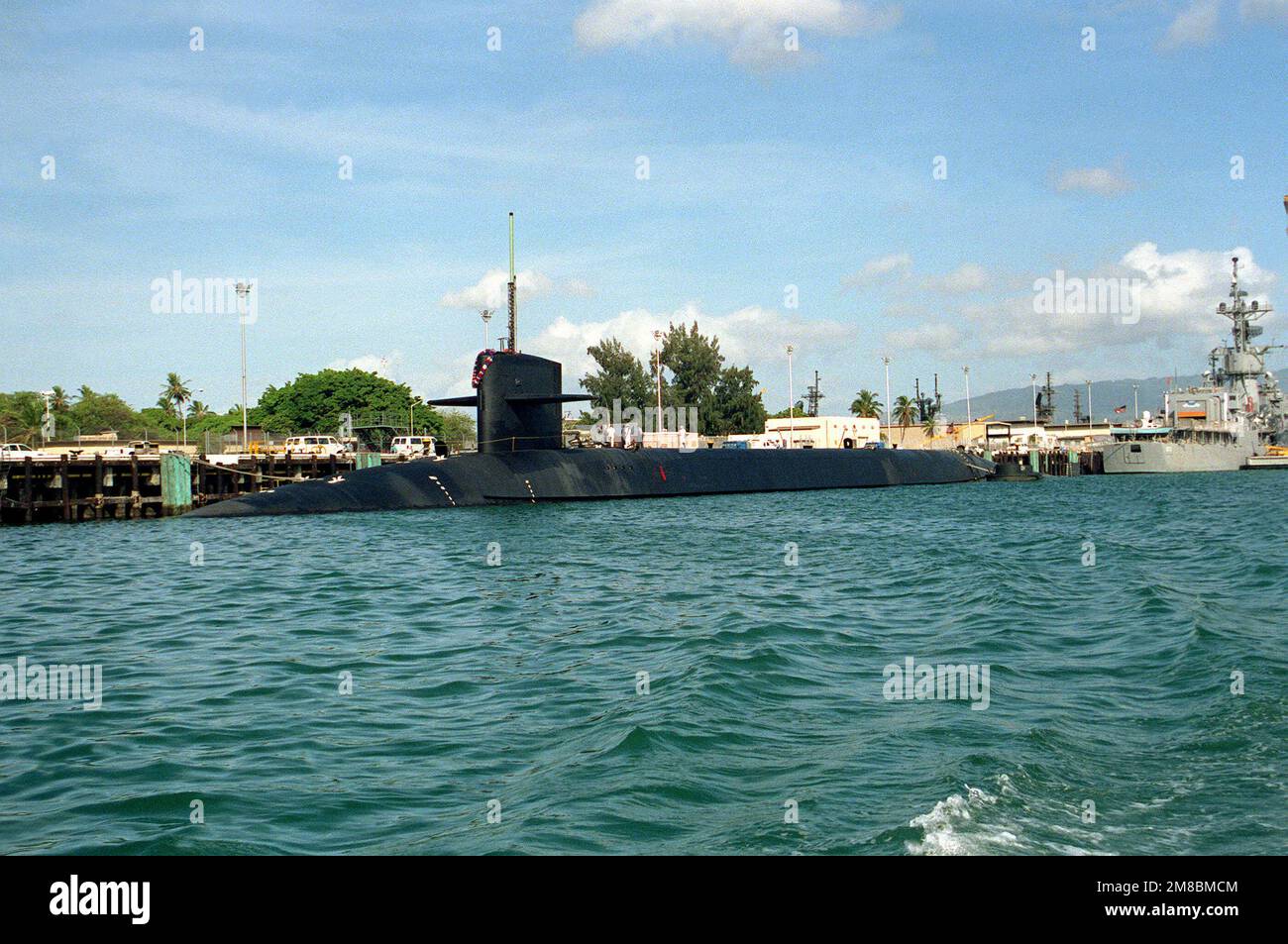 A port bow view of the nuclear-powered strategic missile submarine USS ...