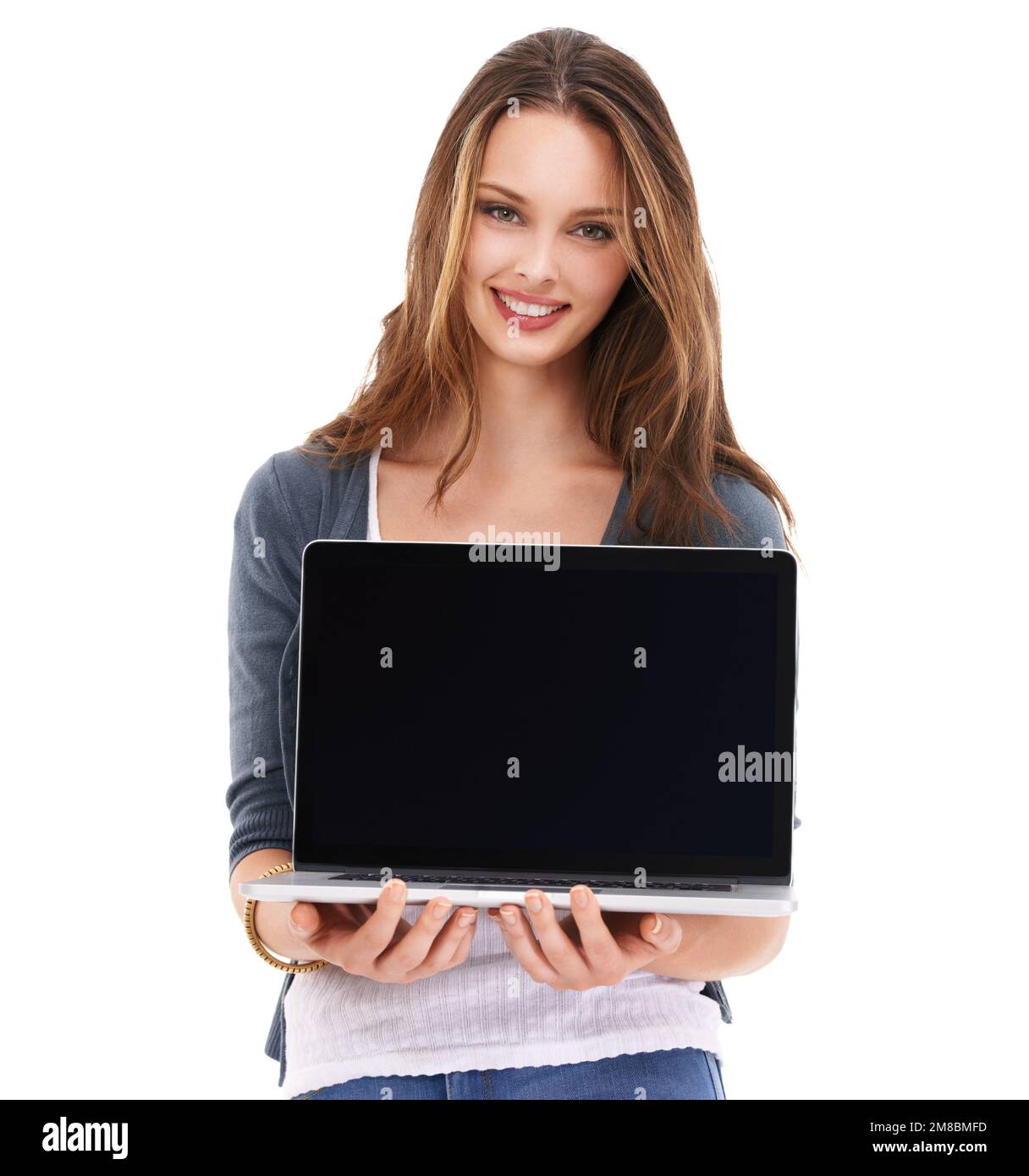 Portrait, mockup or woman with laptop, connection or female isolated on ...