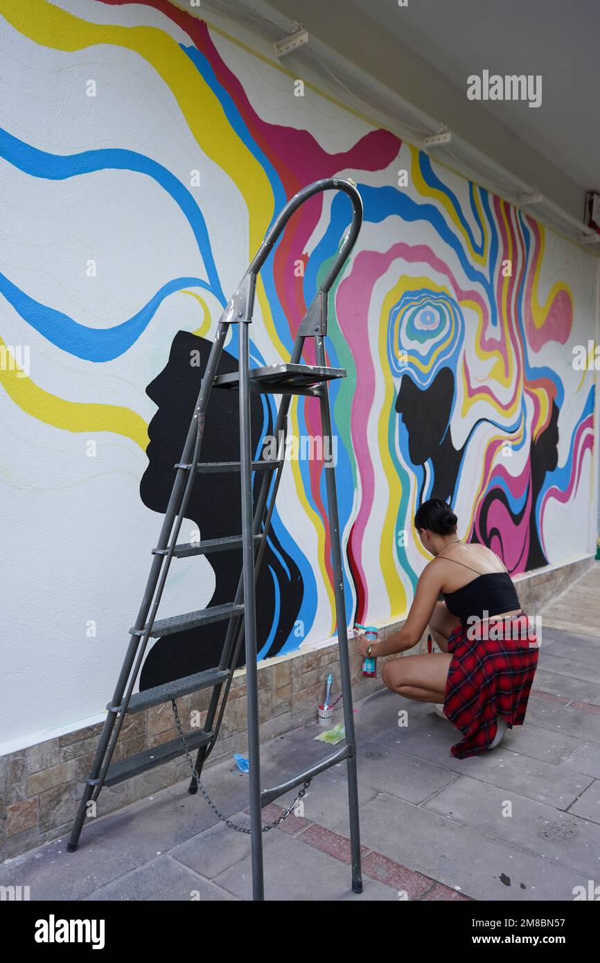 wall painting, Beautiful woman painting the wall colorfully Stock Photo ...