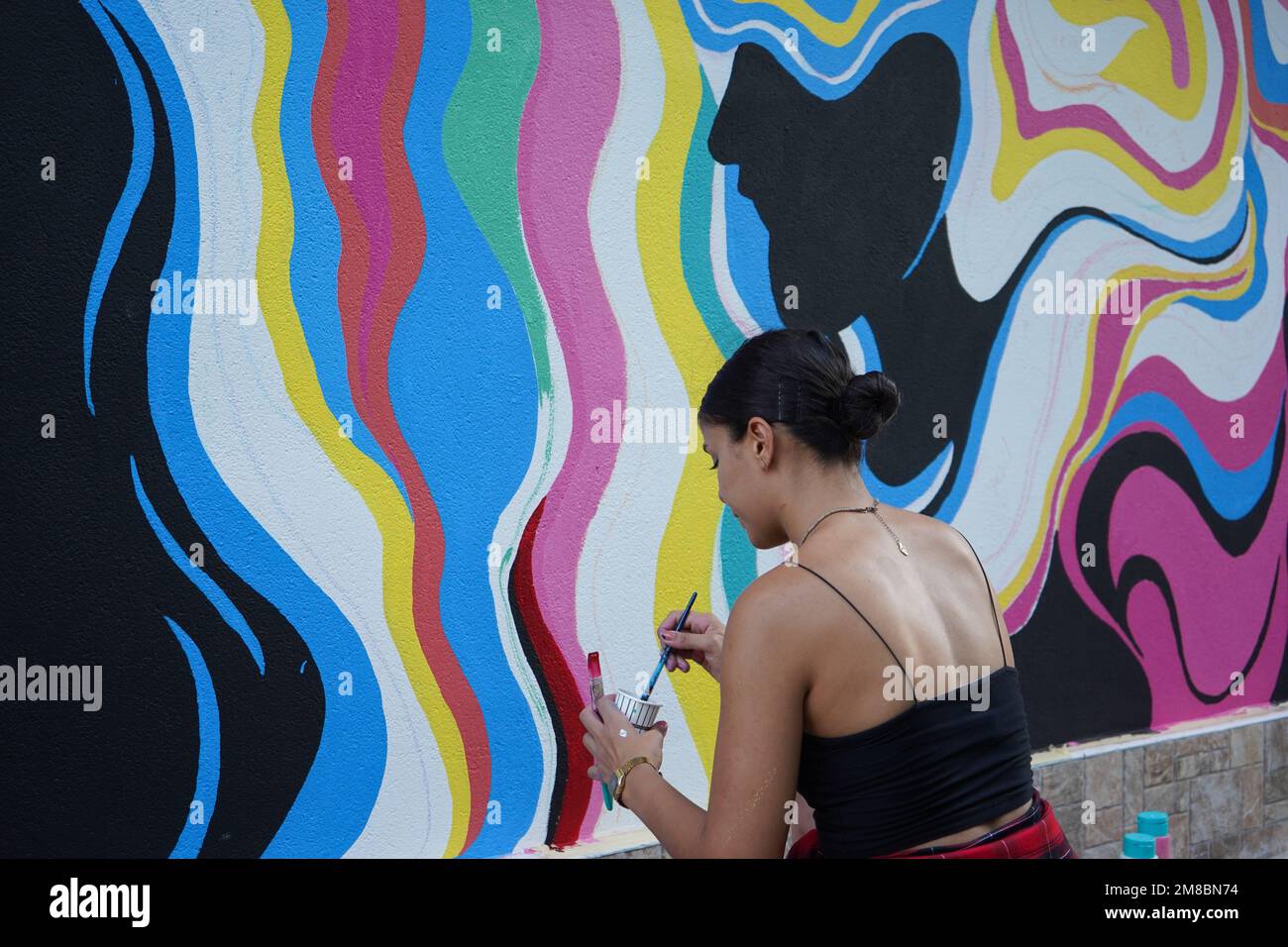 wall painting, Beautiful woman painting the wall colorfully Stock Photo ...