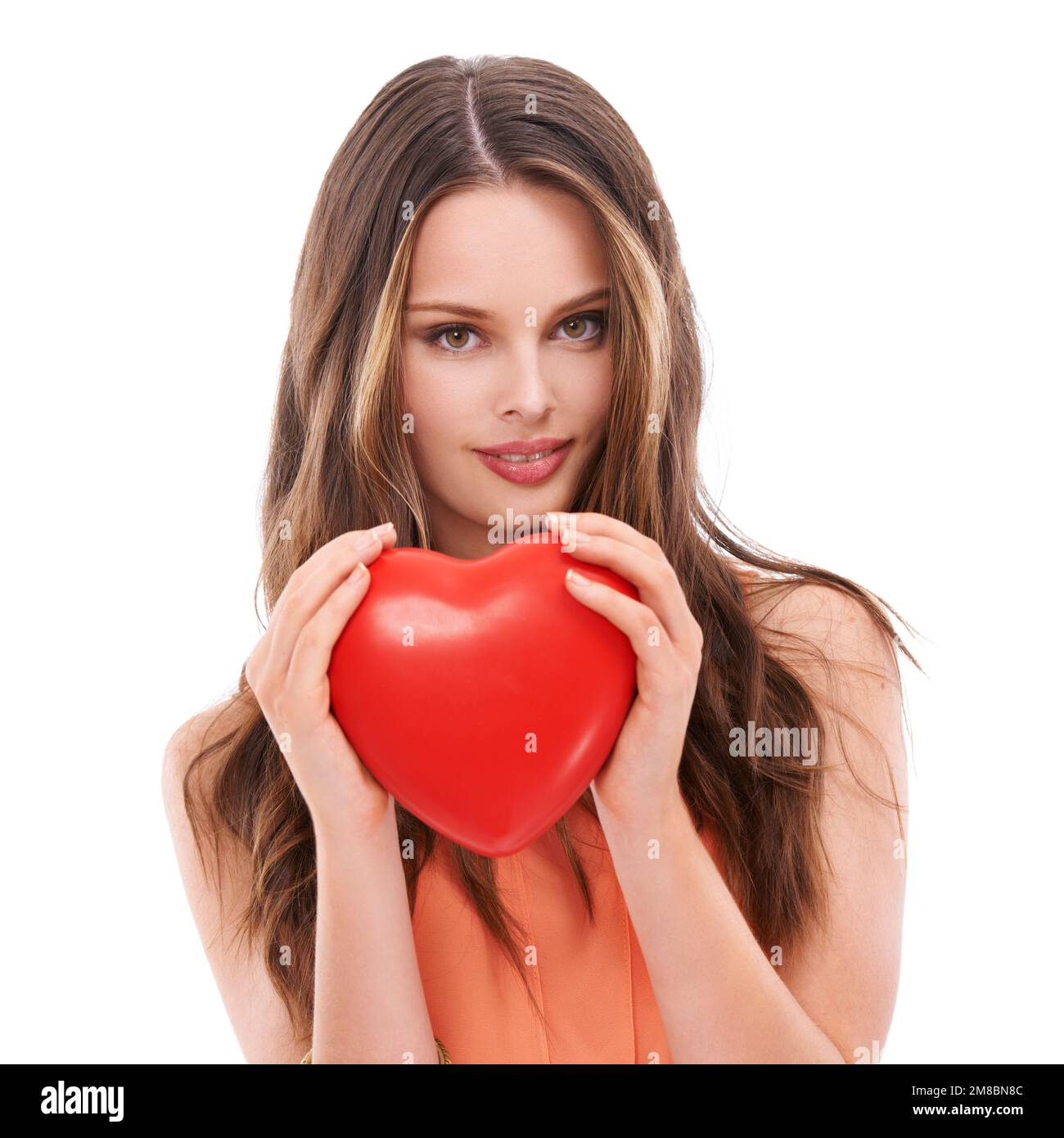 Face portrait, heart balloon and woman in studio isolated on white ...