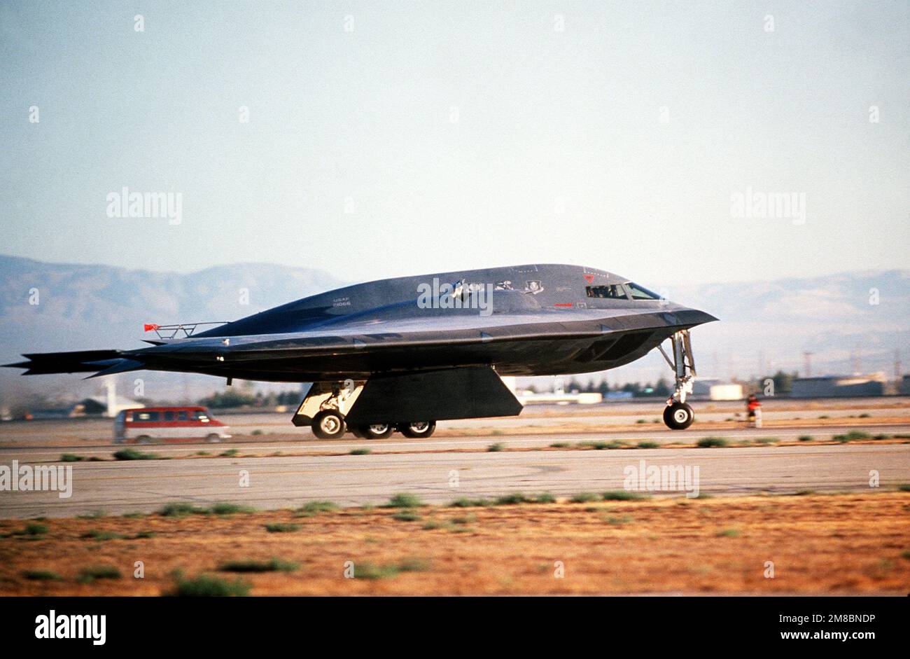 A right side view of a B-2 advanced technology bomber rolling down the ...