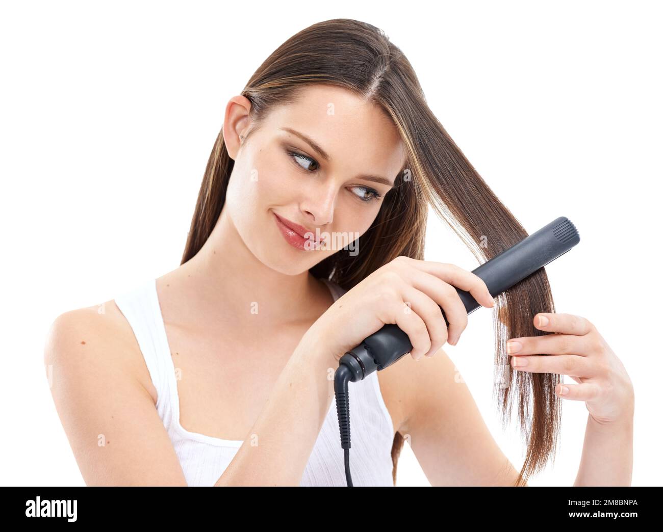 Woman, hair with hair straightener and beauty with hair care, electric ...