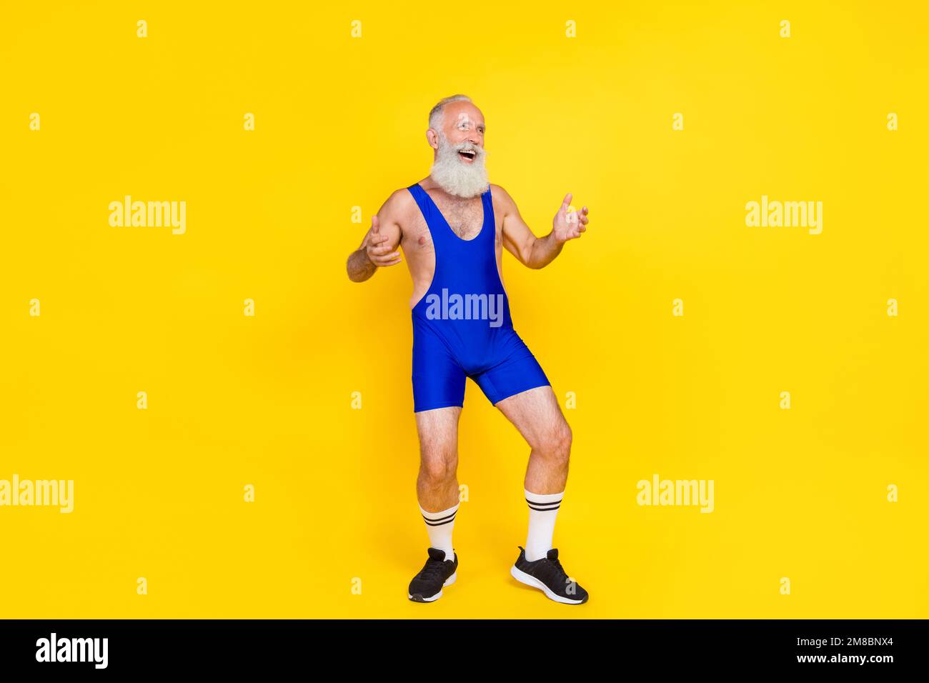Full length portrait of excited cheerful aged man look empty space ...