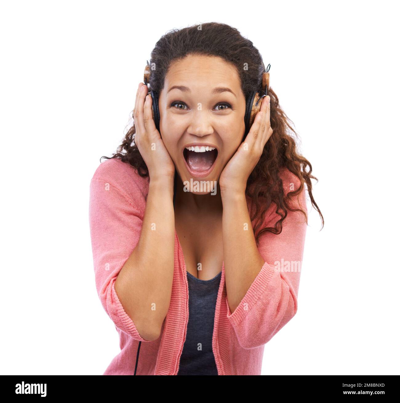 Scream, headphones and woman on a white background with wow face for ...