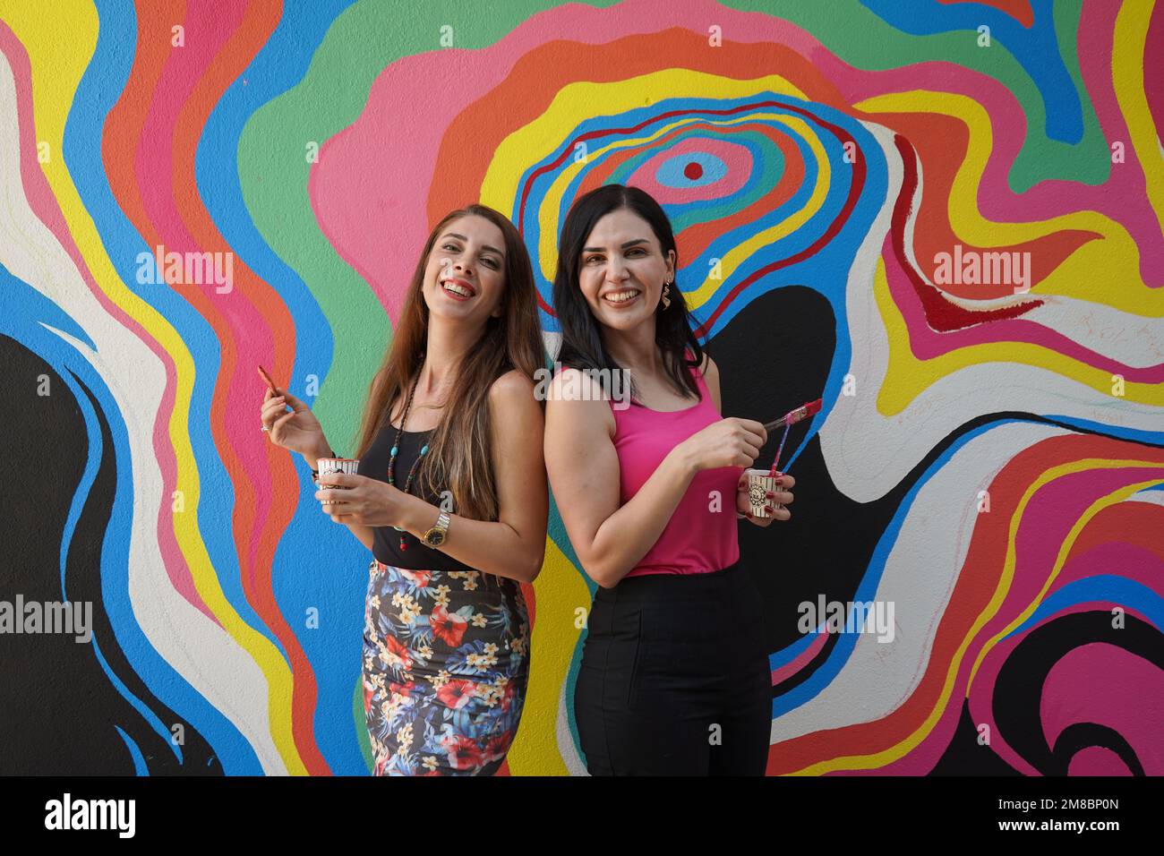 wall painting, Beautiful woman painting the wall colorfully Stock Photo ...