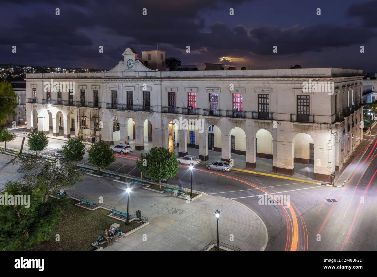 An aerial shot of government building in La Libertad de Noche Park in ...