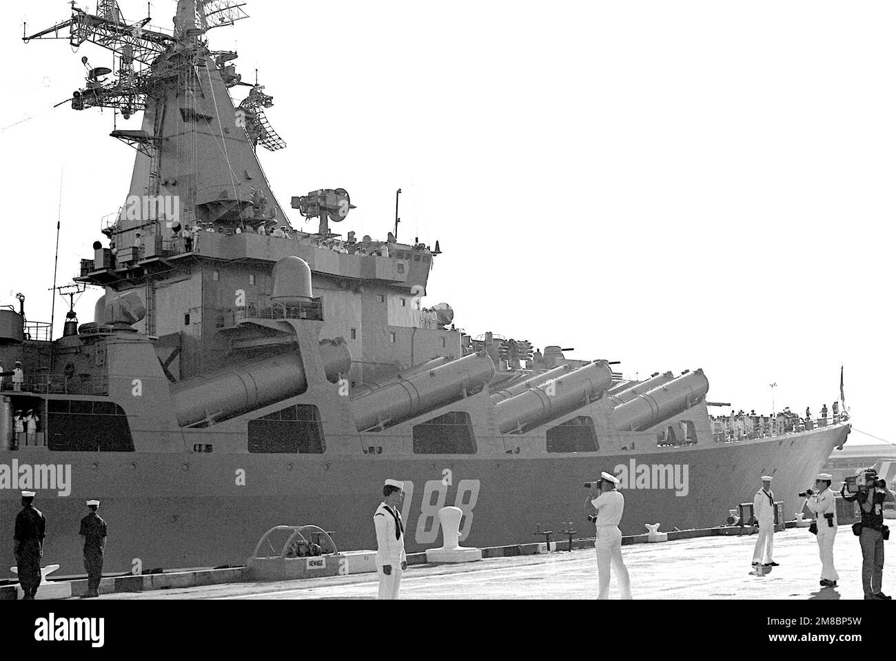 The Soviet Slava class guided missile cruiser MARSHAL USTINOV pulls up ...