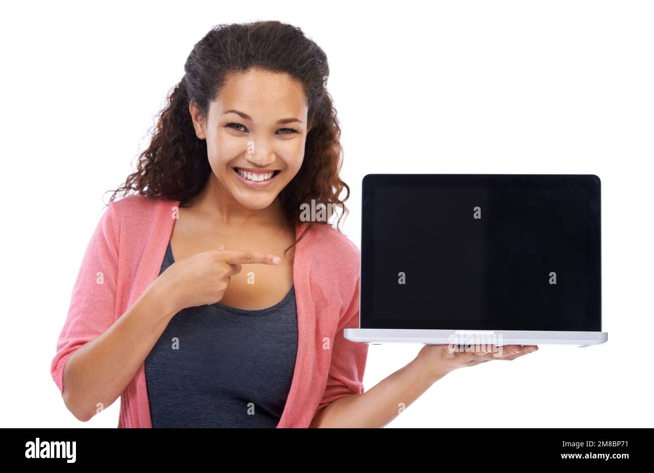 Woman in portrait with laptop mockup, technology and internet, wireless ...