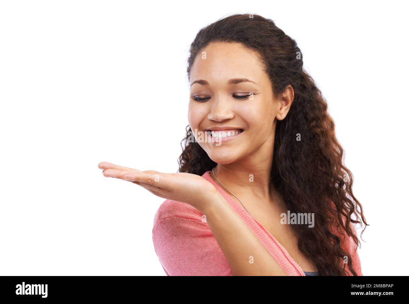 Happy young woman presenting product hi-res stock photography and ...