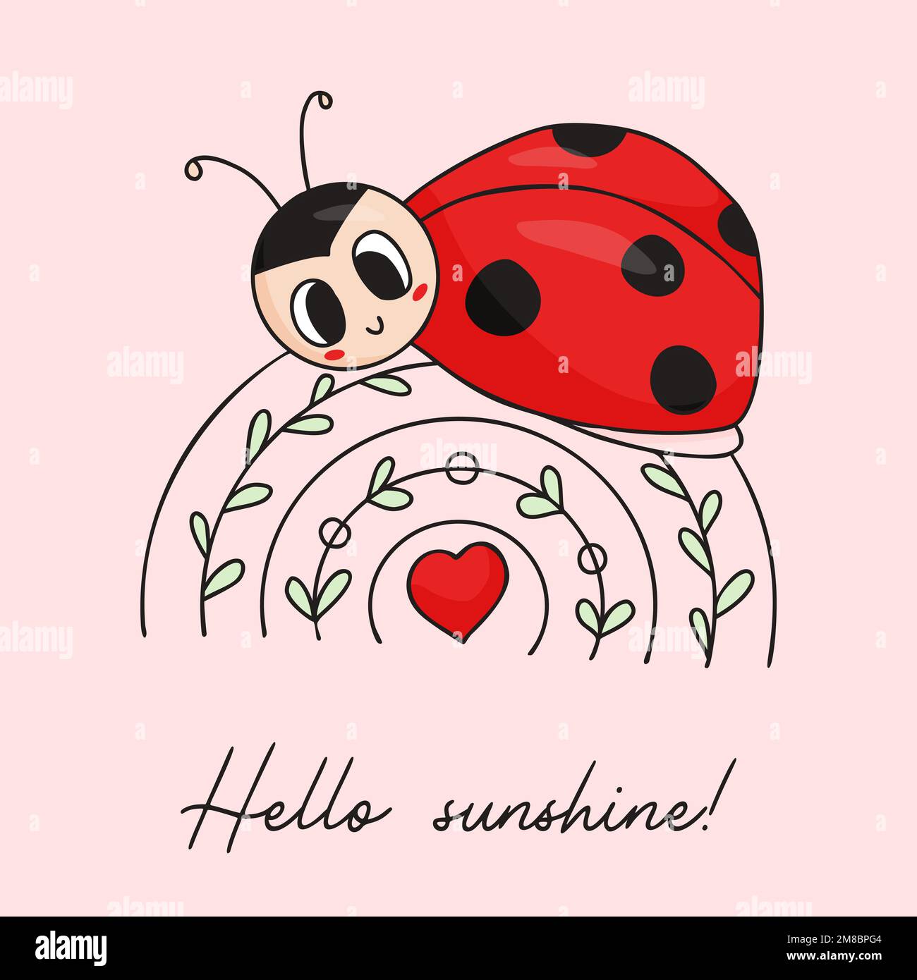 Cool postcard with cute ladybug. Funny insect ladybird on rainbow ...