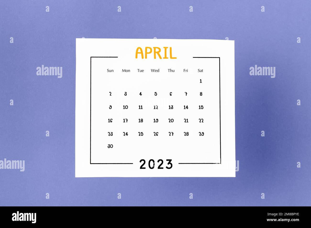 April 2023 Monthly calendar for 2023 year on purple background Stock ...