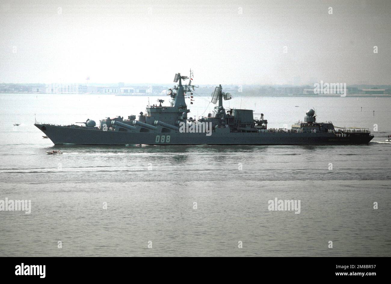 A port view of the Soviet Slava class guided missile cruiser Marshal ...