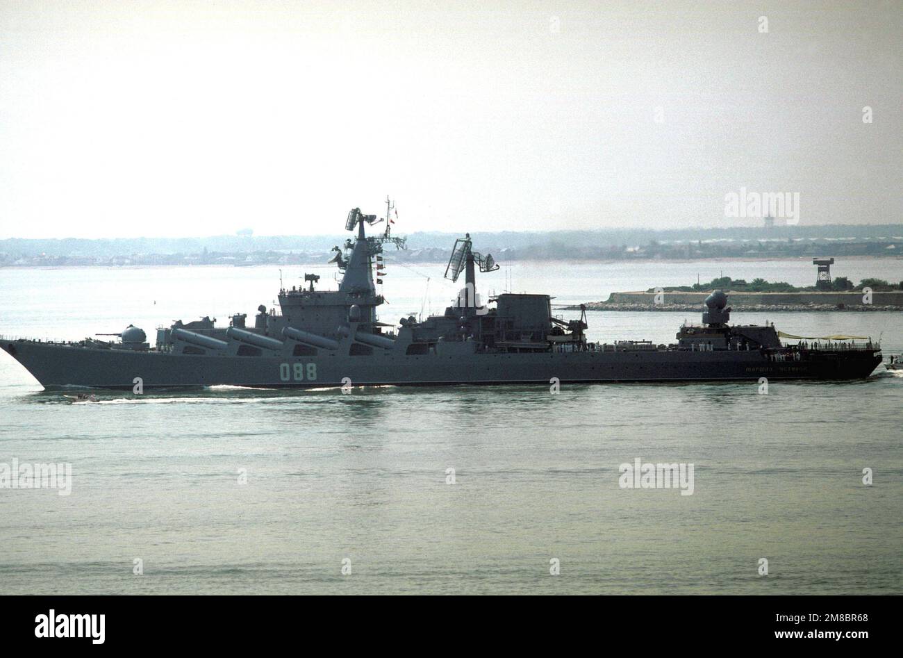 A port beam view of the Soviet Slava class guided missile cruiser ...
