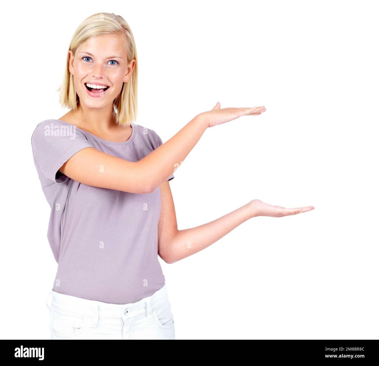 Marketing, product placement and portrait of woman with hands for ...