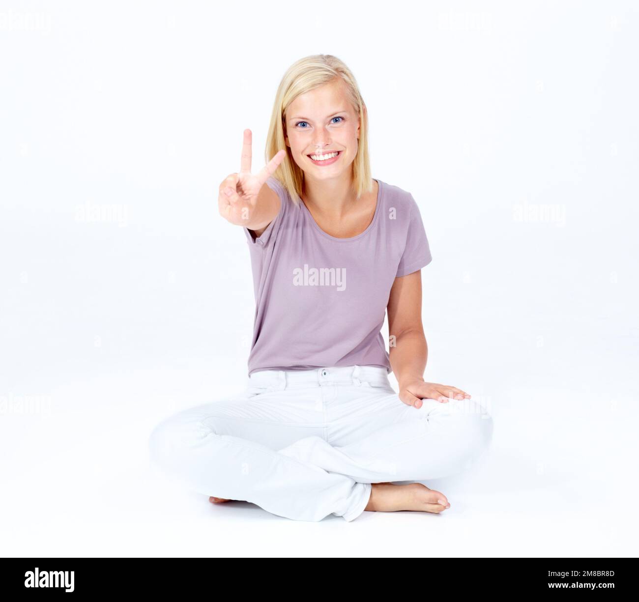 Happy woman, portrait or peace sign for good luck, positive energy or ...