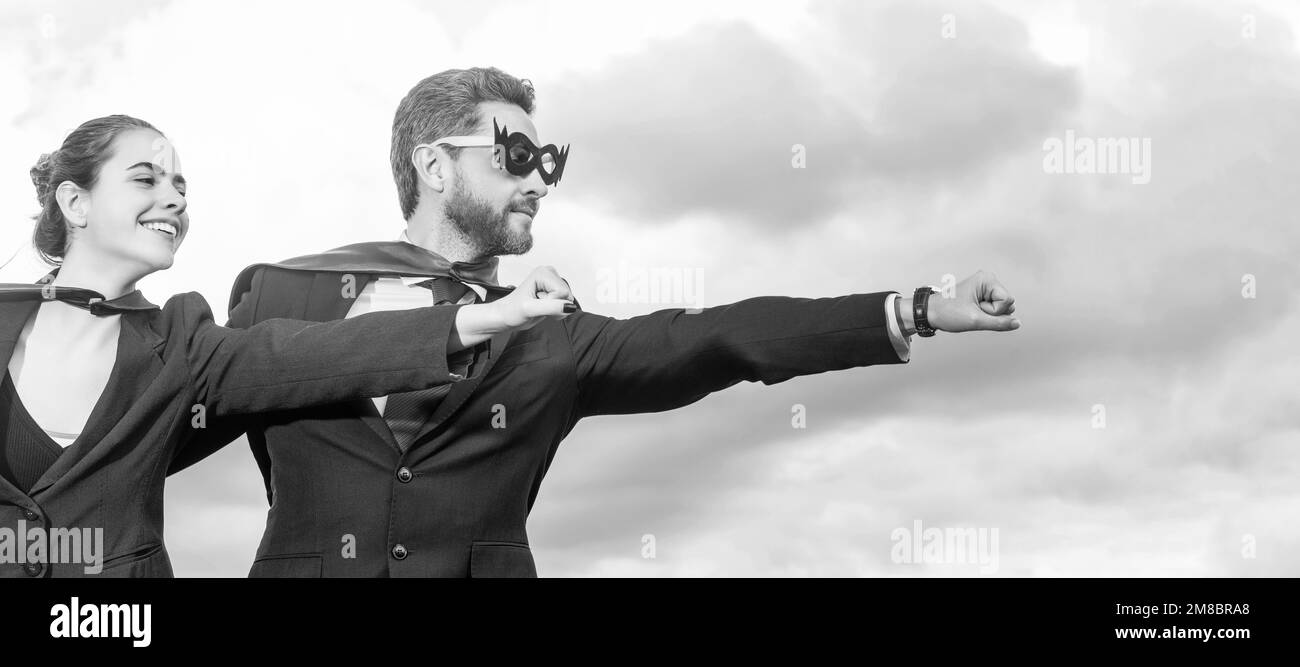business people in superhero suit on sky background. Horizontal poster ...