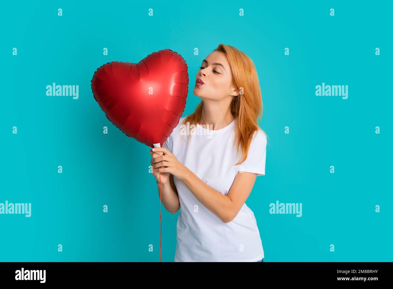 Woman in love air kiss. Young girl holding red air balloons. Valentines ...
