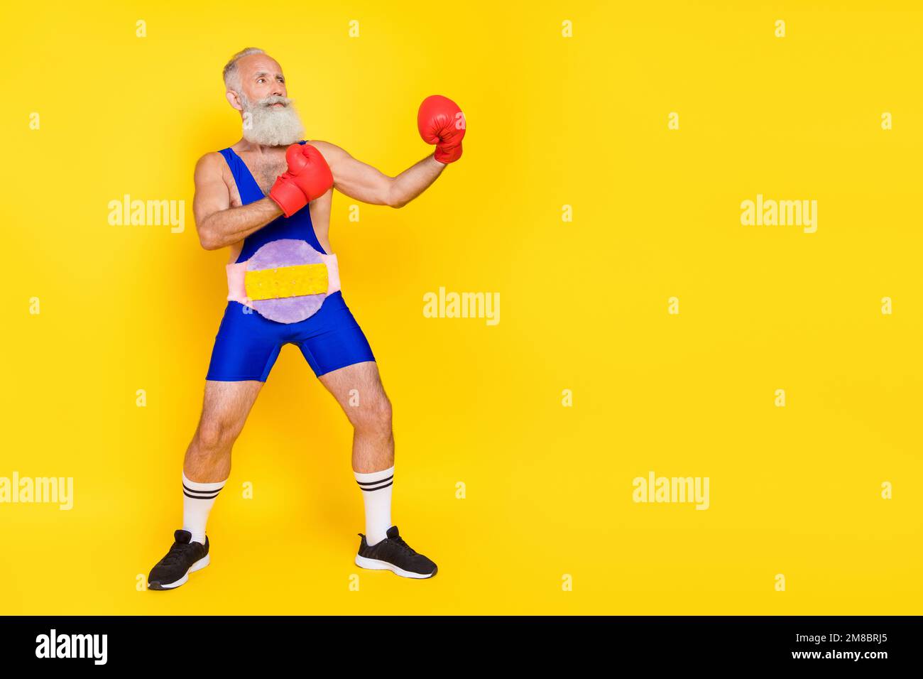 Full size photo of serious strong grandfather hands boxing gloves ...