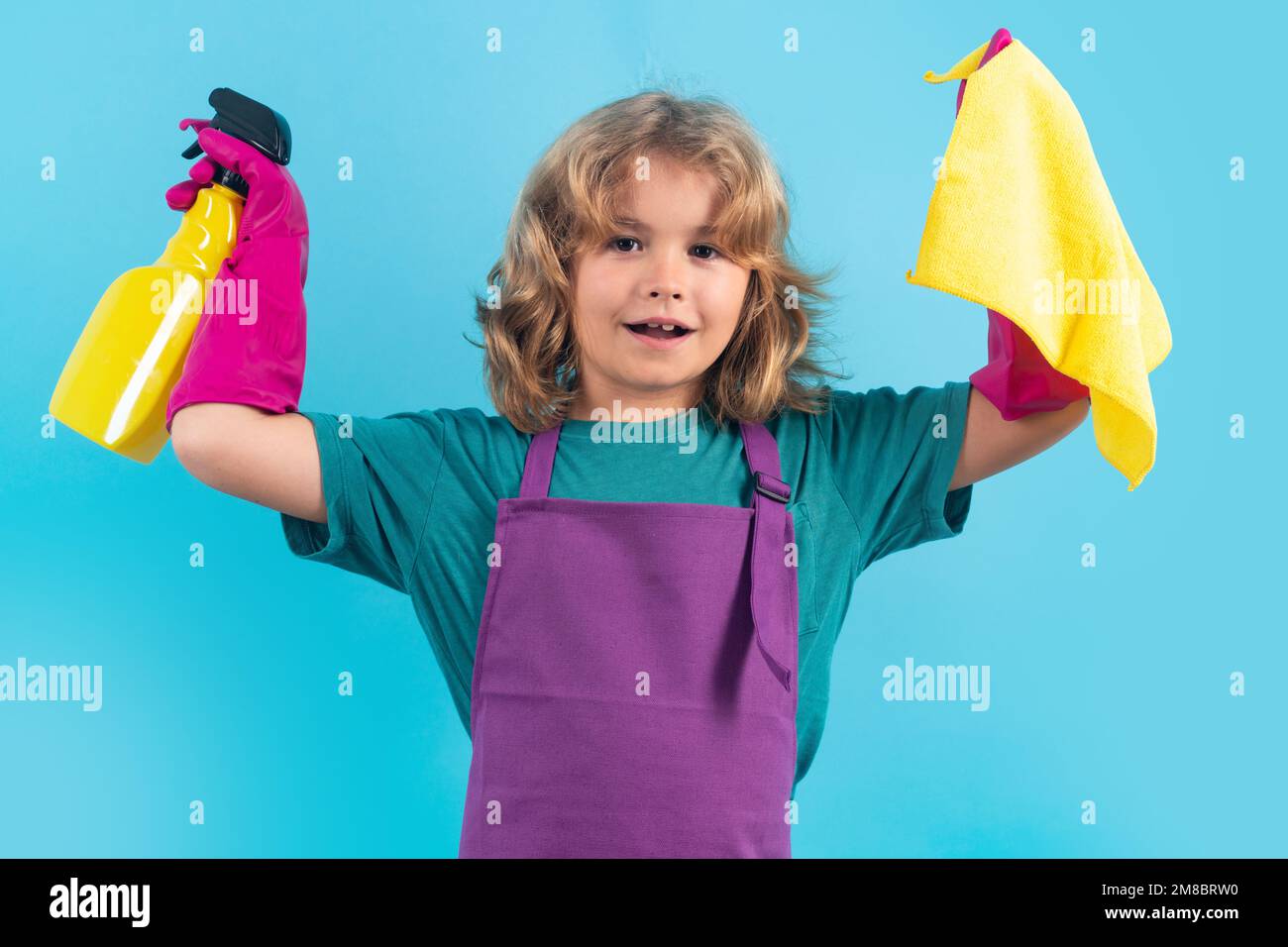 Little kid cleaning at home. Child doing housework having fun. Studio ...