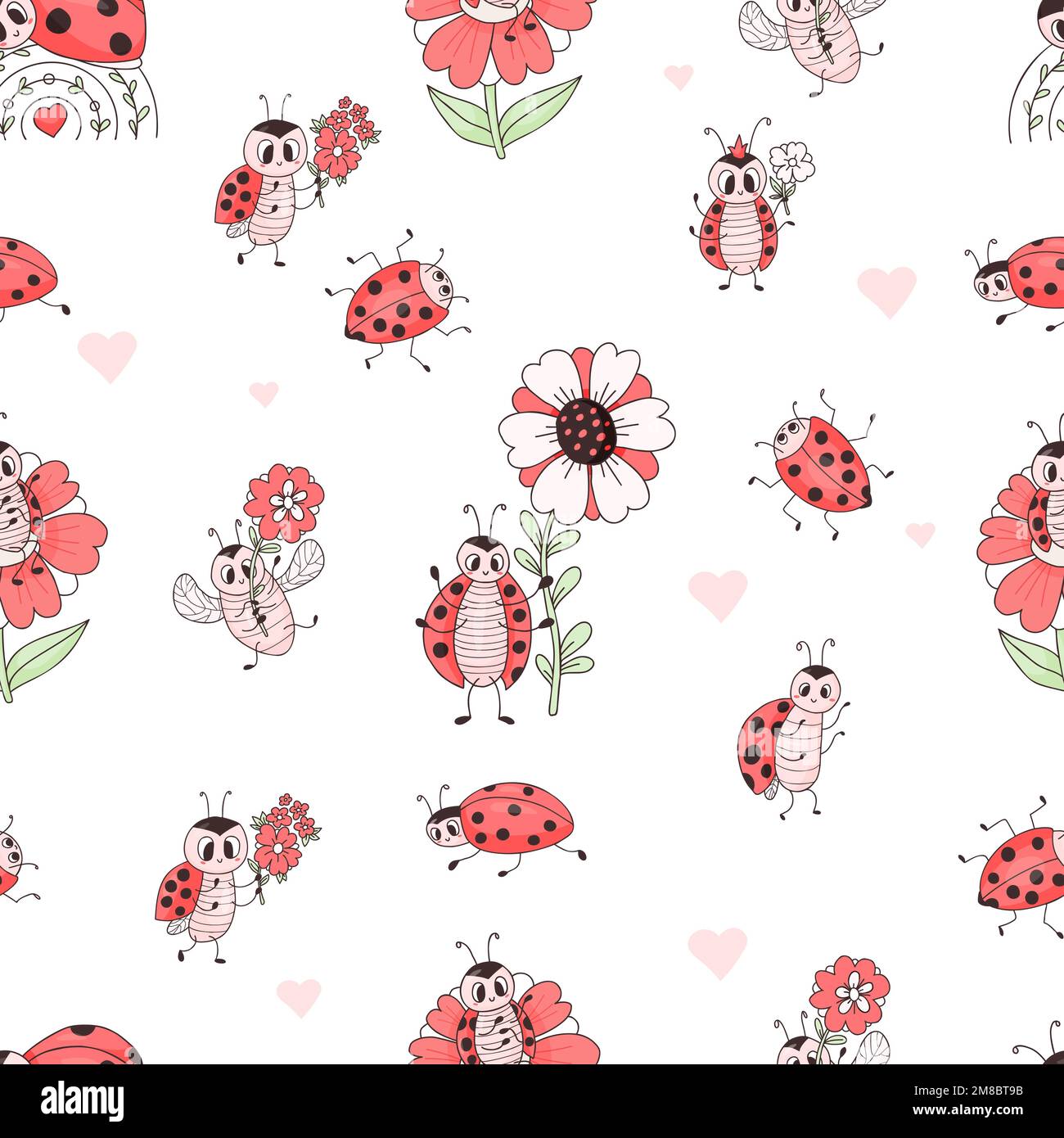 Seamless pattern with cute ladybug. Characters insects ladybird with ...