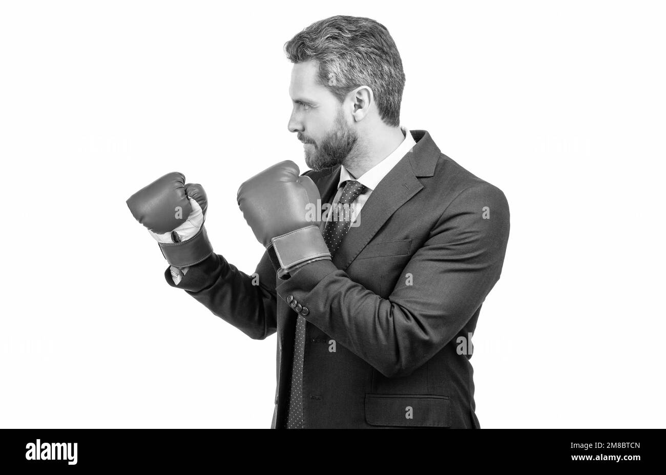 Serious businessman in formal suit and boxing gloves in fighting ...