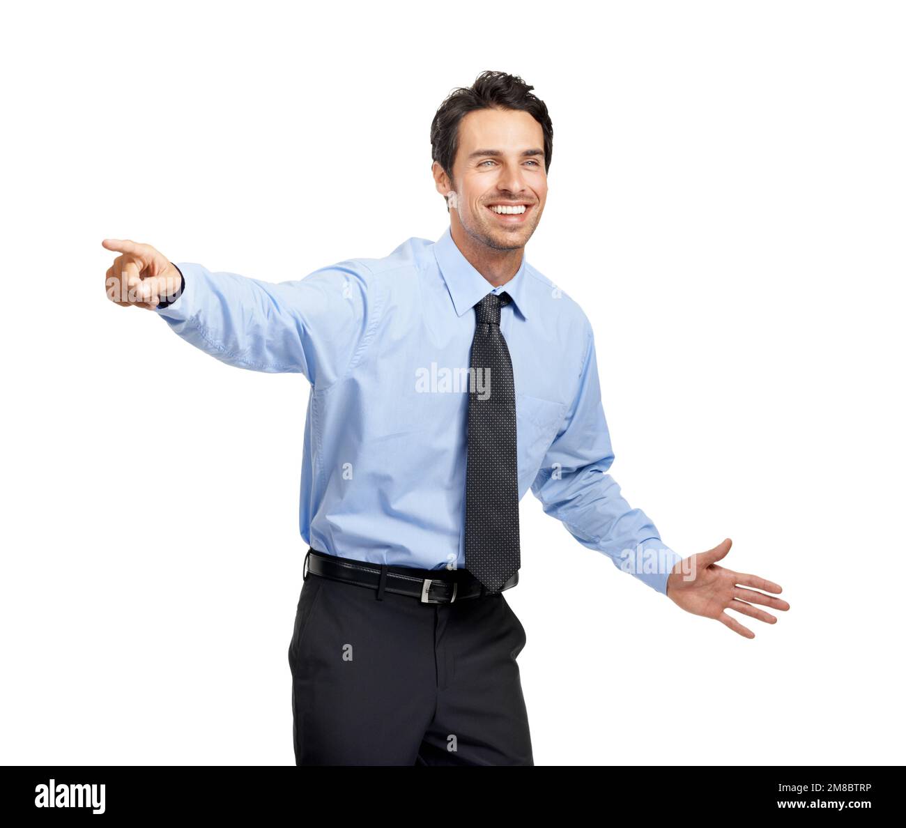 Pointing, marketing and advertising with a business man in studio on a ...