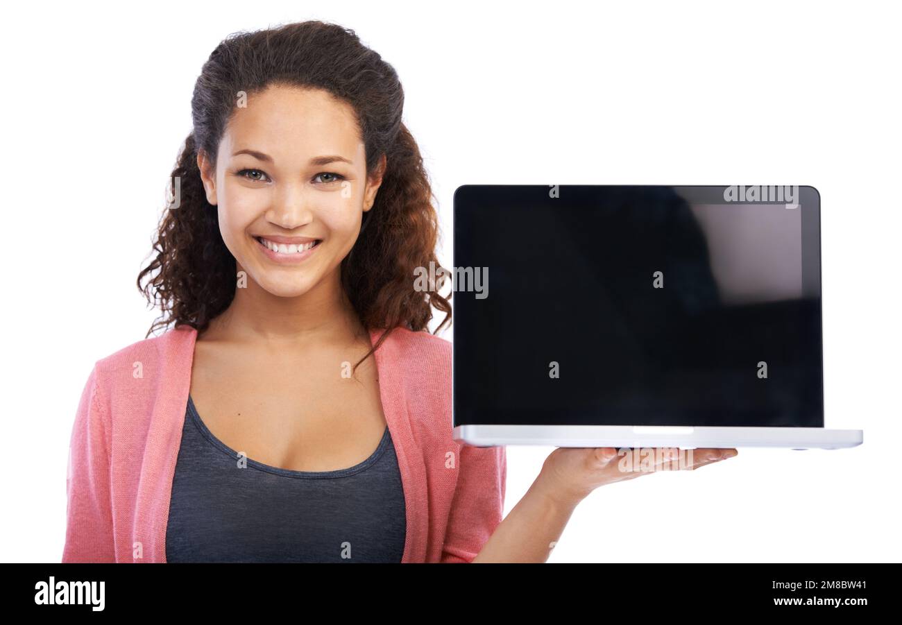 Woman with laptop mockup, tech and portrait with internet connection ...