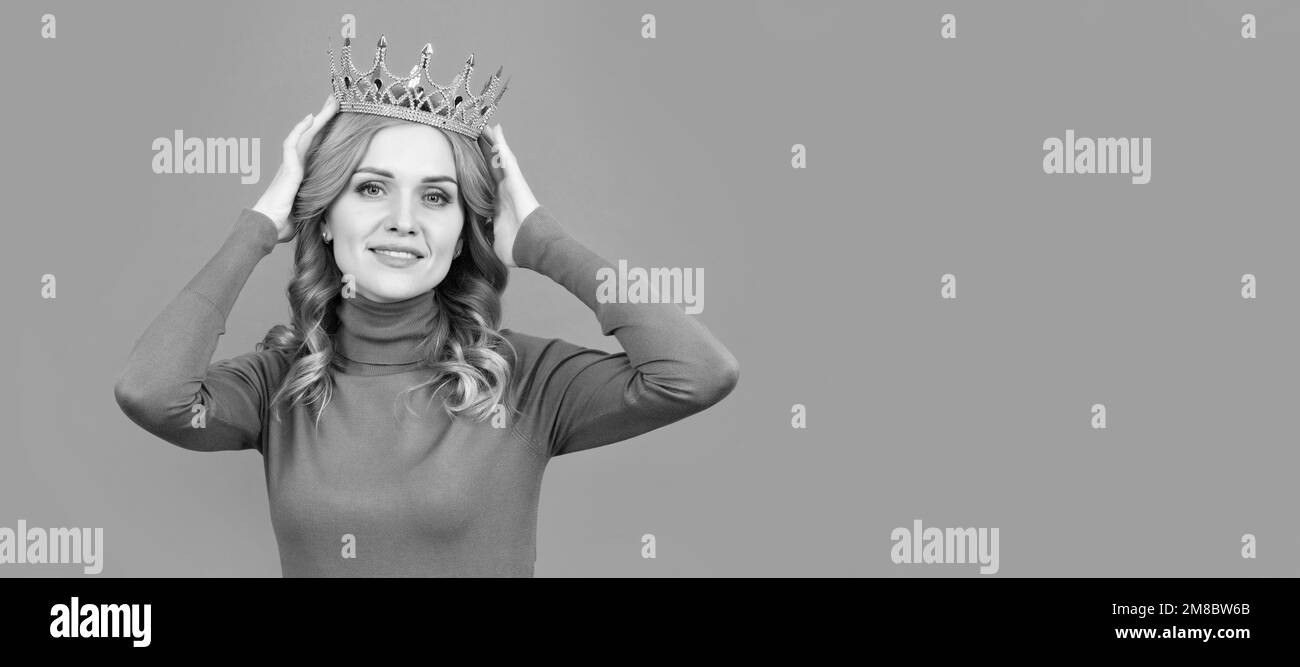 Princess woman with crown. smiling blonde girl with curly hair wear ...