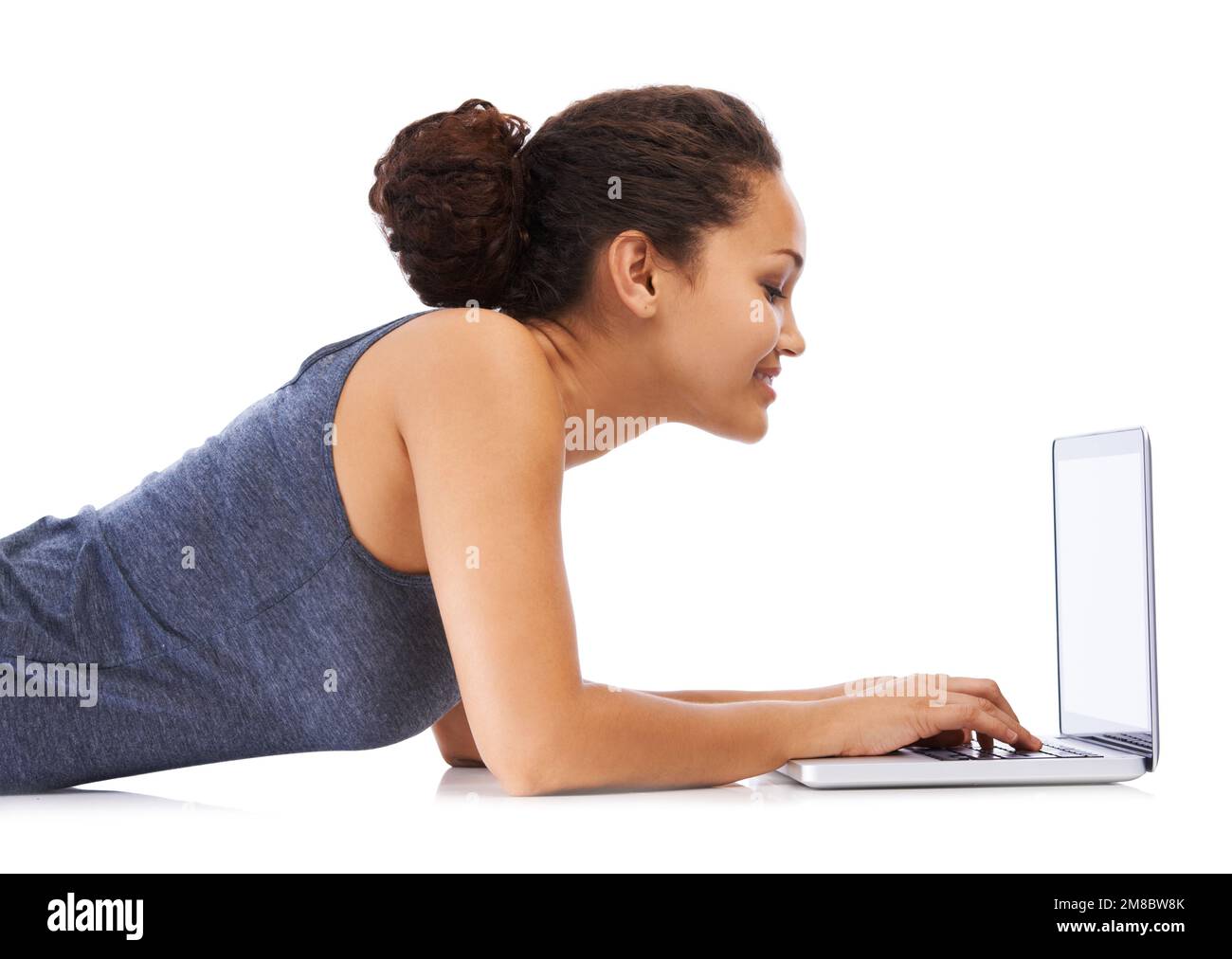 Education, laptop and woman learning on studio floor on creative ...