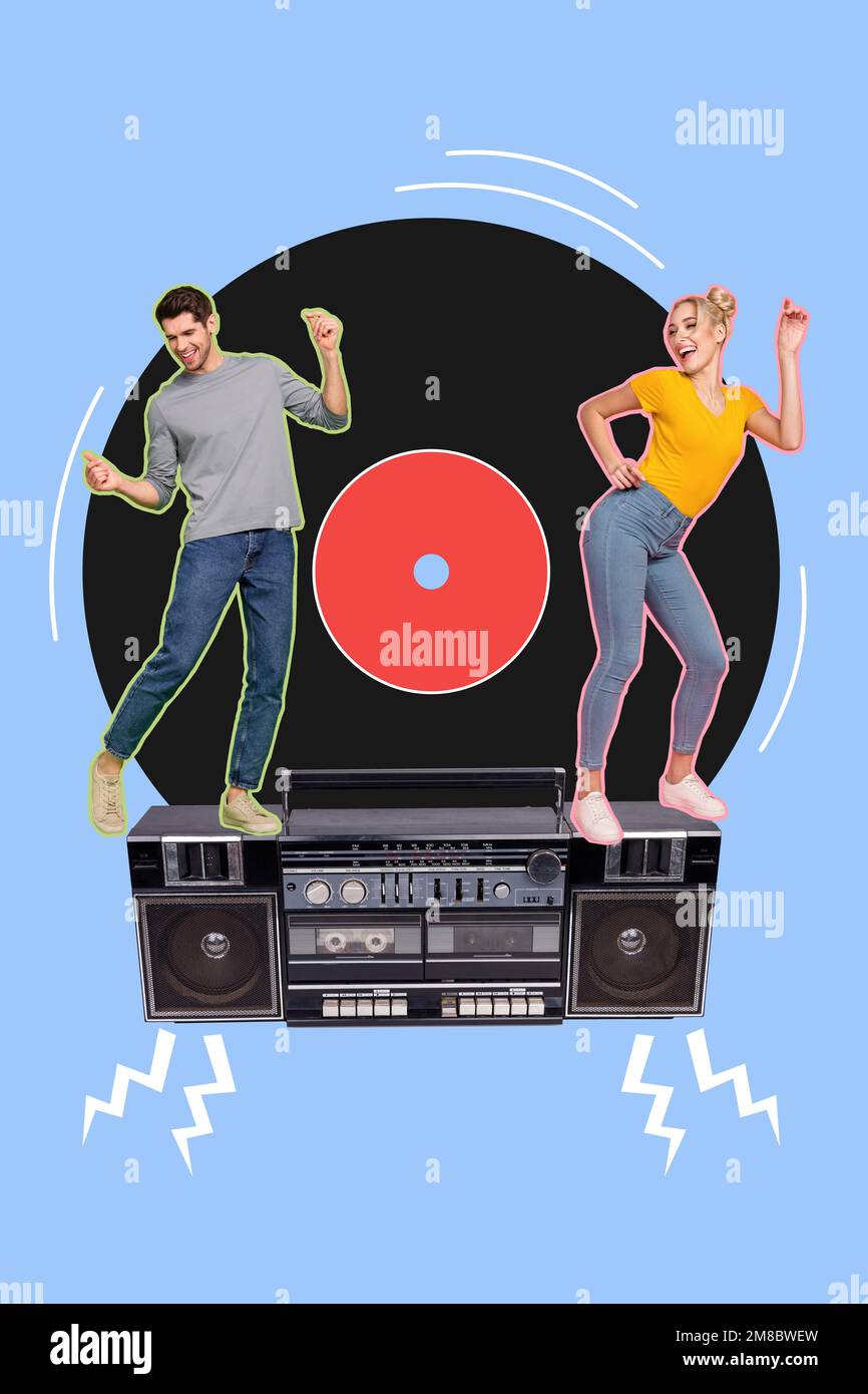 Collage photo of young couple people boyfriend dance vintage cassette ...