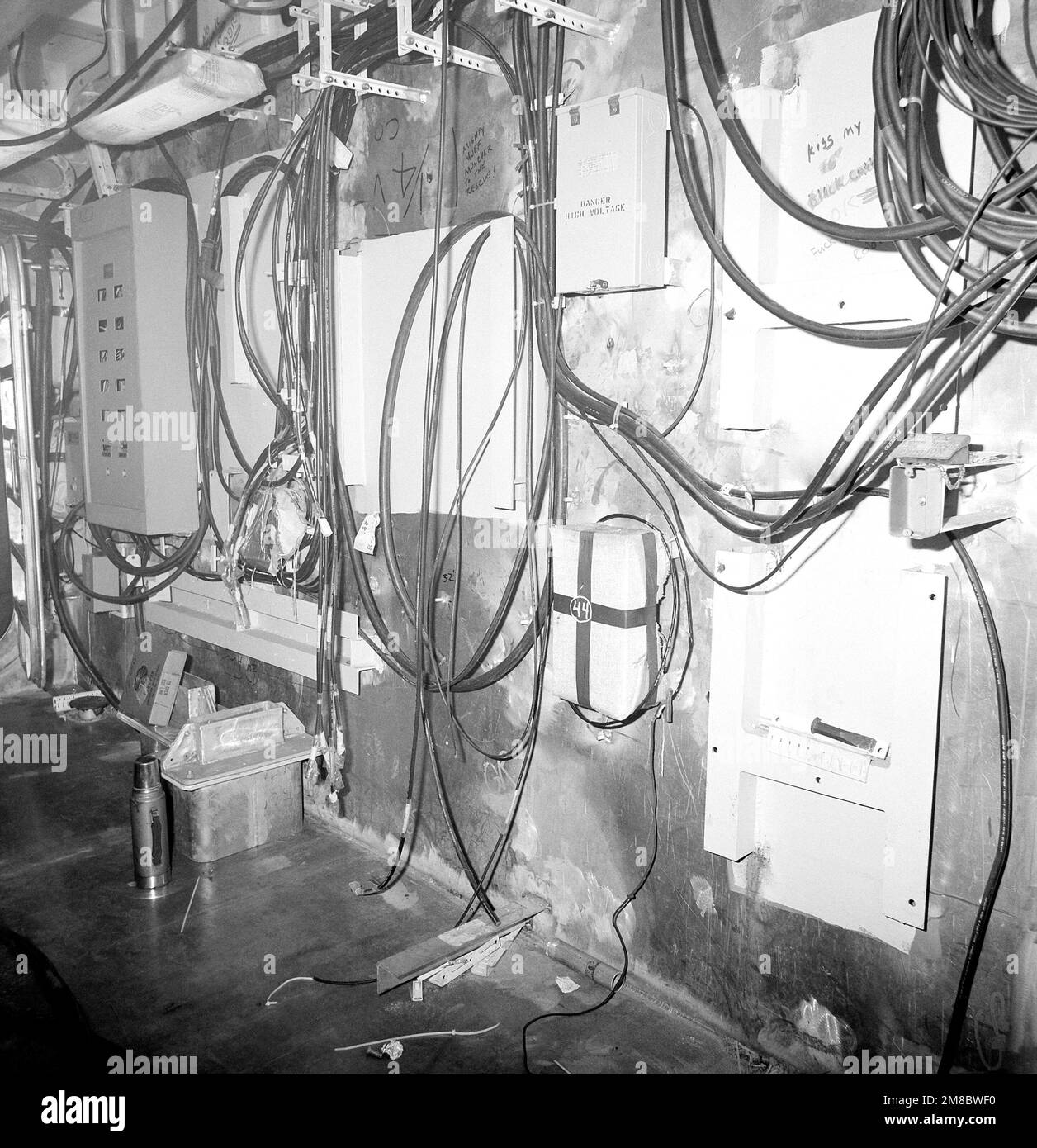 A view of the electronic warfare room on the guided missile cruiser ...