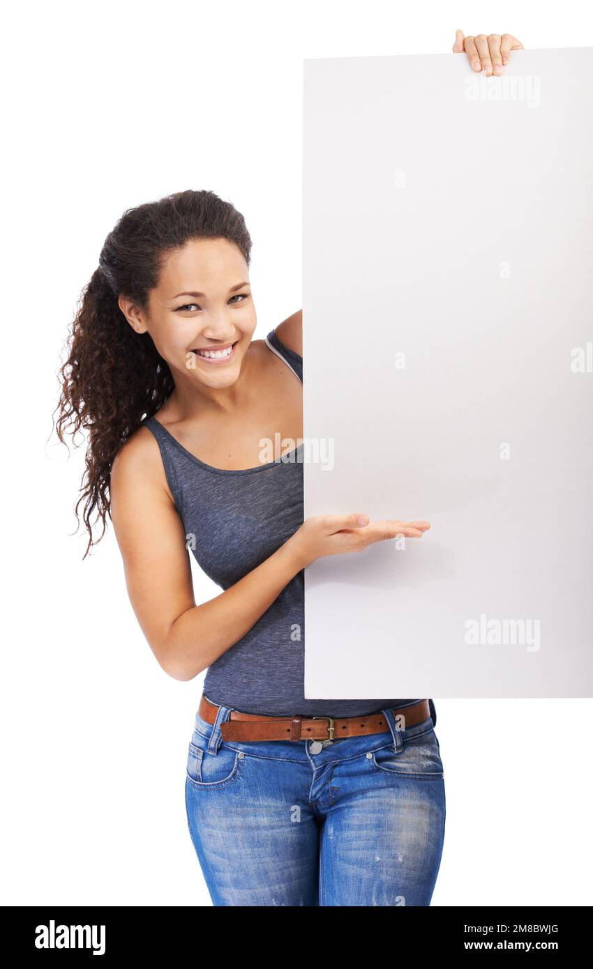 Empty, advertising and portrait of woman with poster for blank product ...