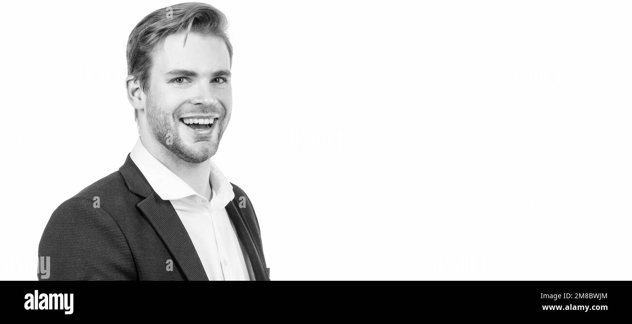 Man face portrait, banner with copy space. Business man in suit ...