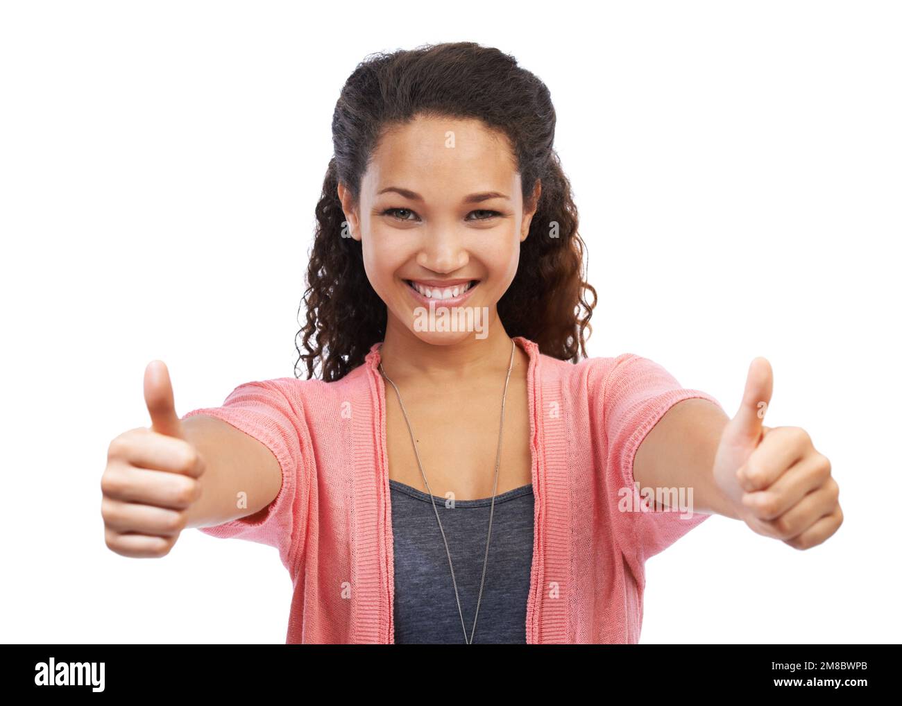 Face portrait, success thumbs up and woman in studio on a white ...