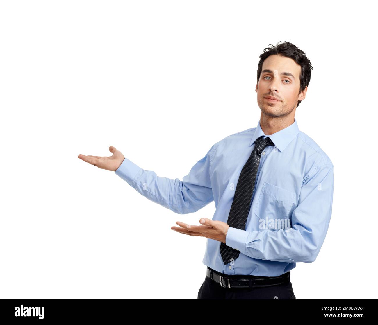 Face, hands and businessman pointing to mockup, space and blank ...