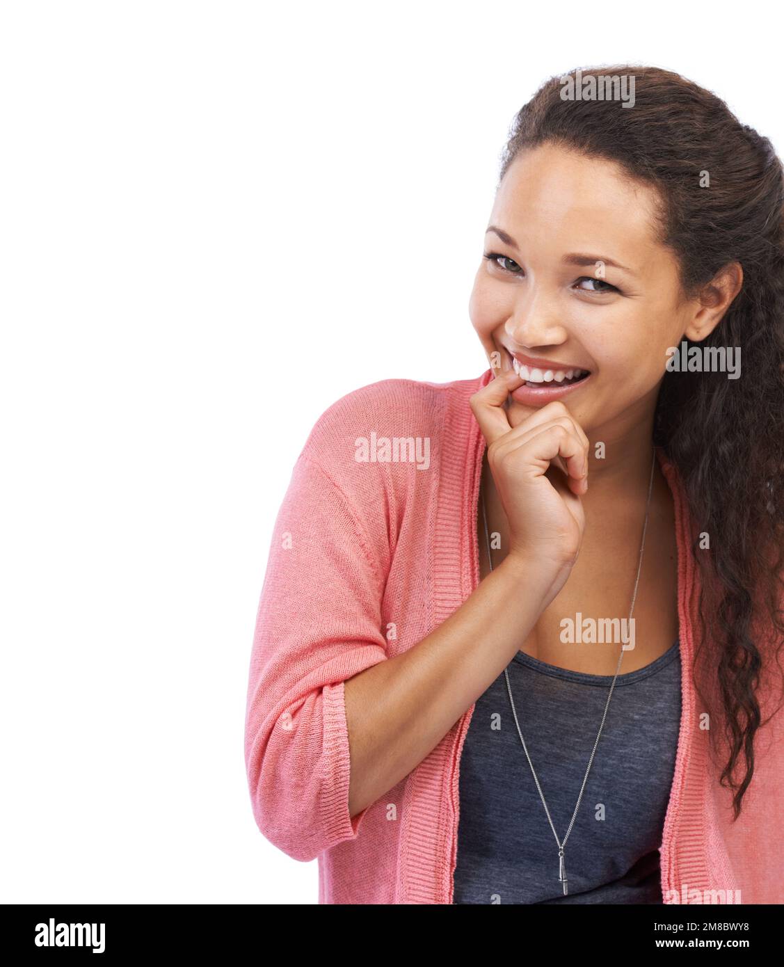 Planning, idea and woman biting finger portrait with happy, aha and ...