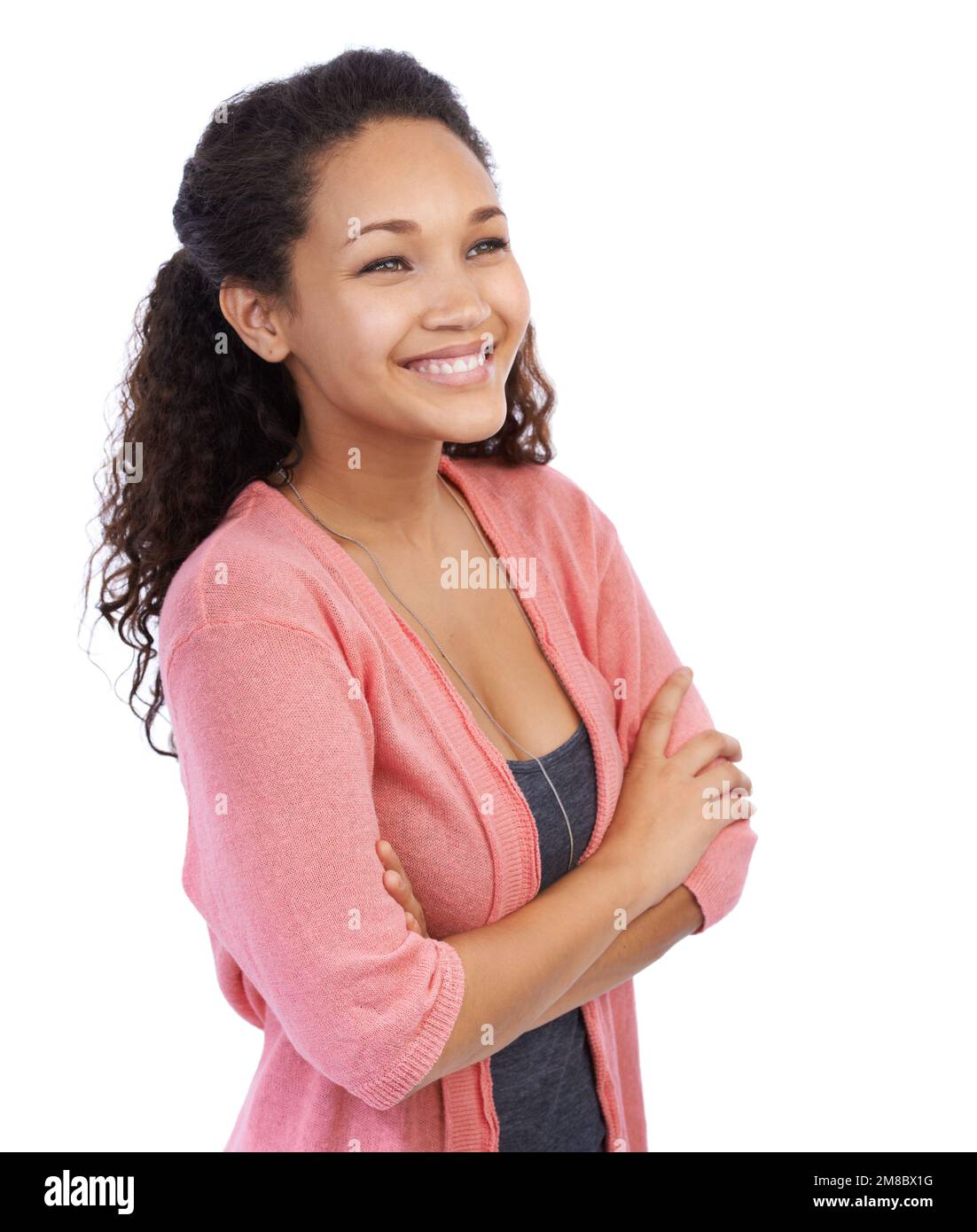 Thinking, vision and mindset with a black woman in studio isolated on a ...