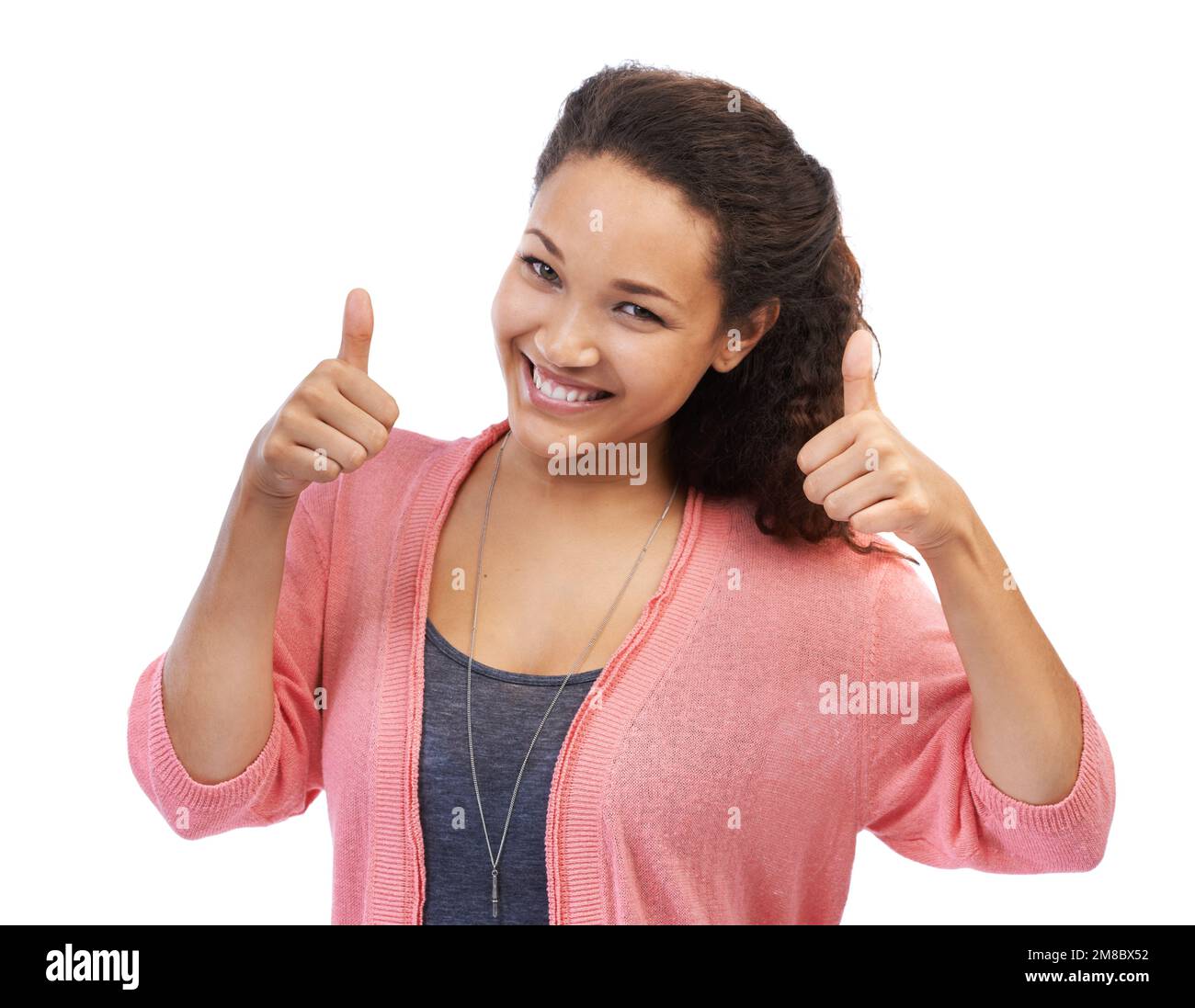 Face portrait, thumbs up and woman in studio isolated on a white ...