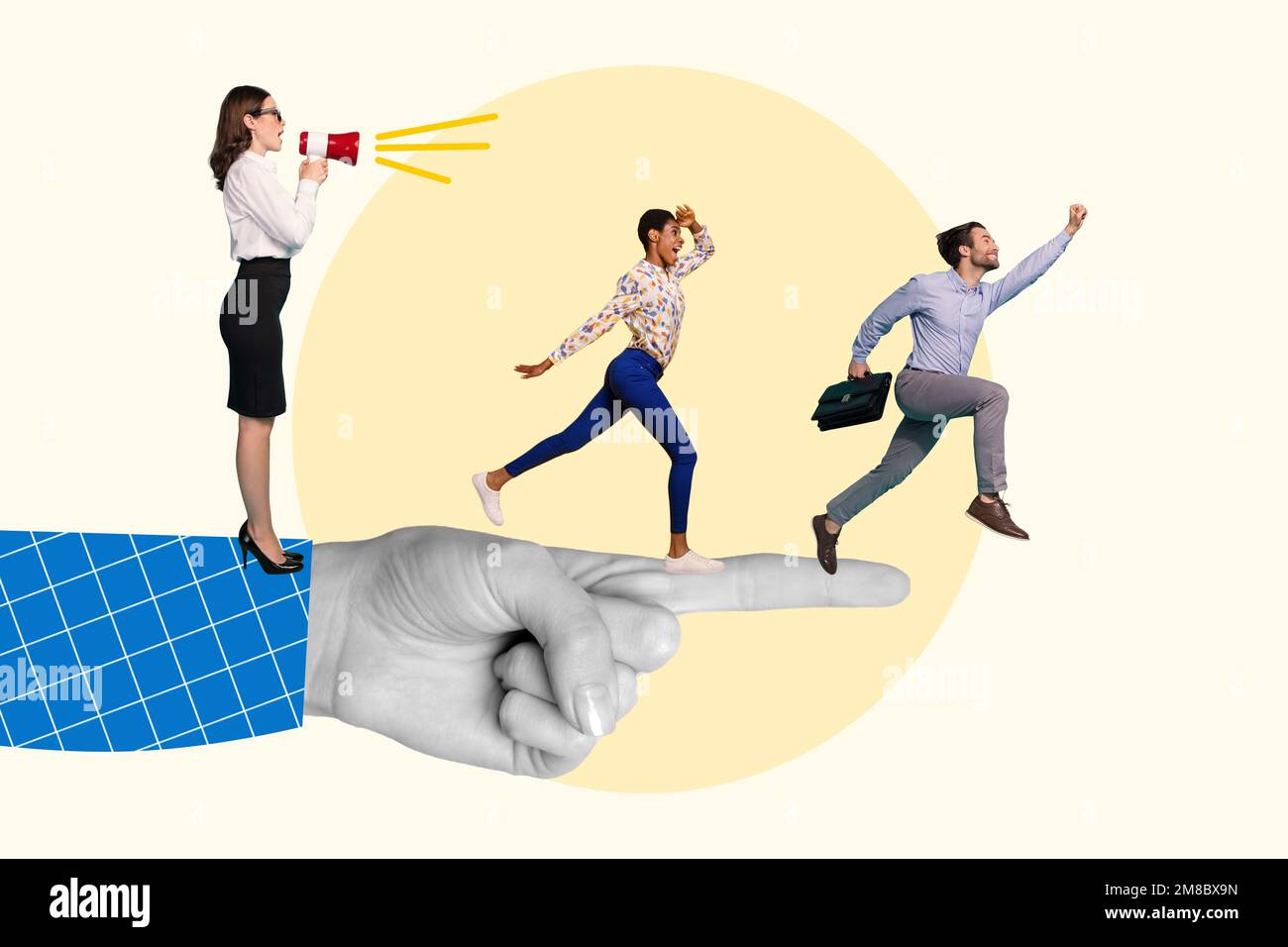 Collage photo of young business people woman boss talk colleagues ...