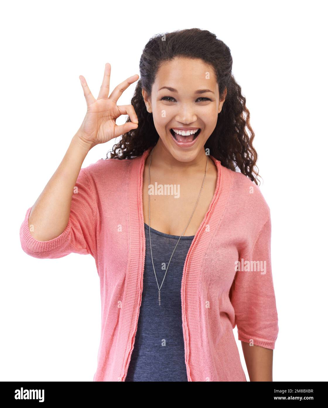 OK sign, black woman portrait and hand for support, success and approval on white background ...